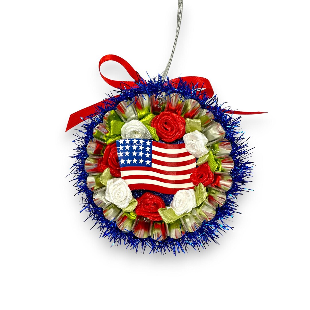 Patriotic Memorial Day Ornaments, American Flag Decoration, Rose Wreath ...