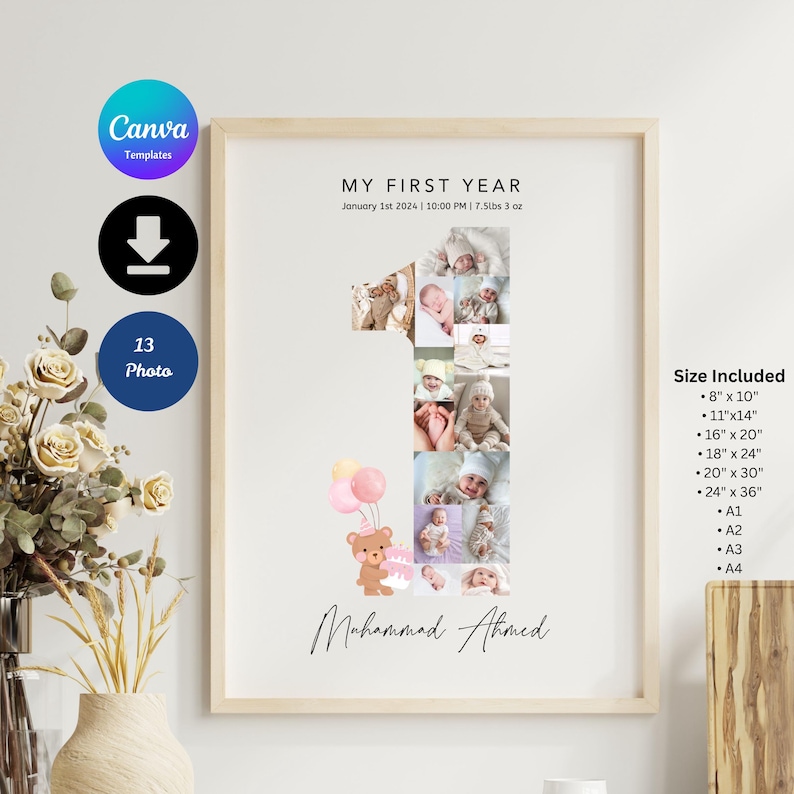 Personalized 1st Birthday Photo Collage, Editable Canva Template, First ...