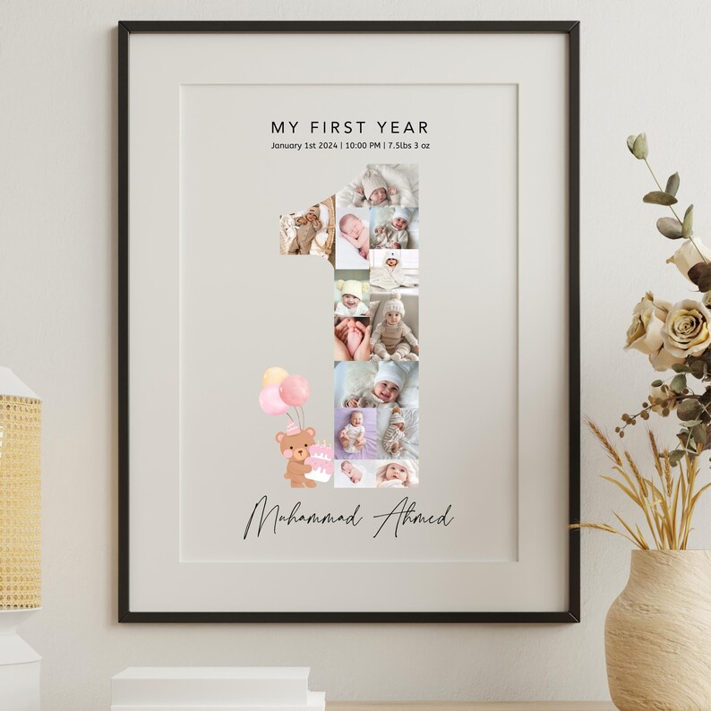Personalized 1st Birthday Photo Collage, Editable Canva Template, First ...