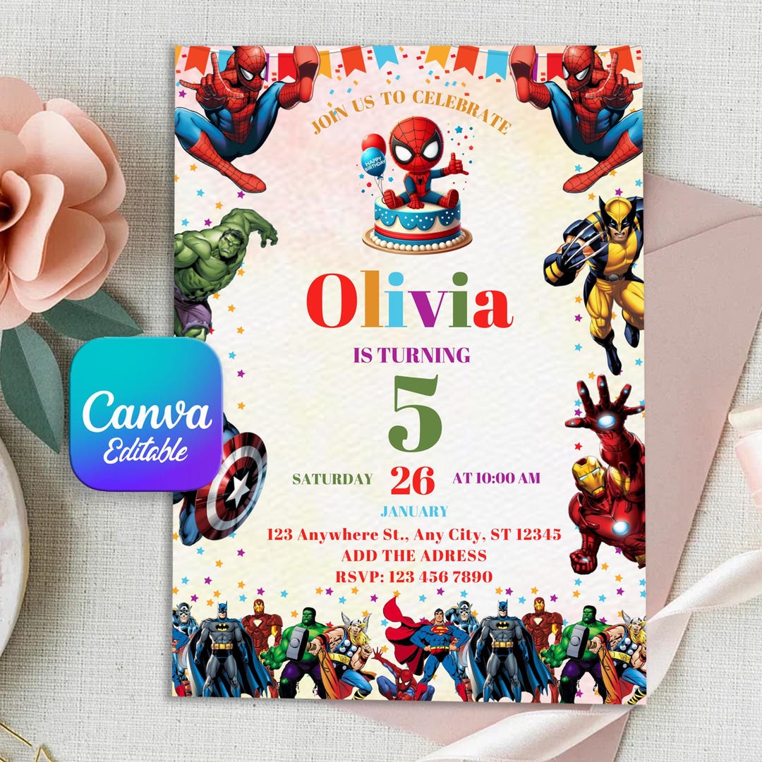 Superhero Kids Birthday Invitation Editable Template, Super Hero ...