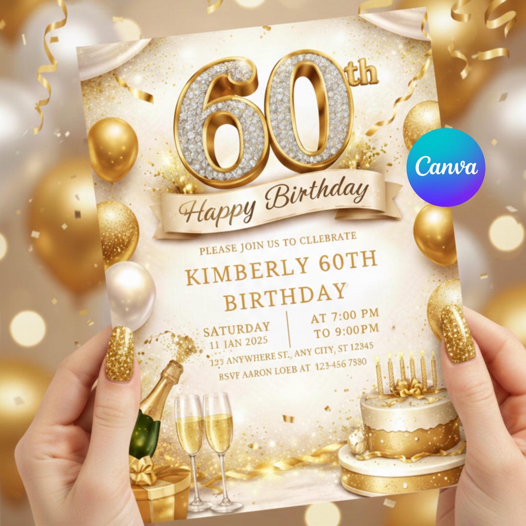 Editable 60th Birthday Invitation Template, Elegant Gold Floral ...