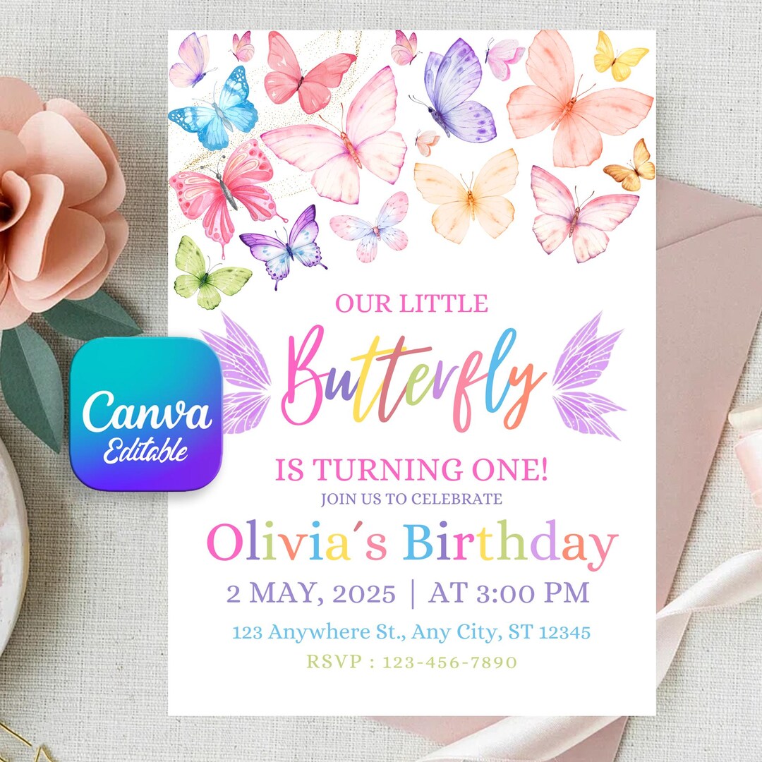 Butterfly Birthday Invitation, Pastel Rainbow Butterflies 1st Birthday ...