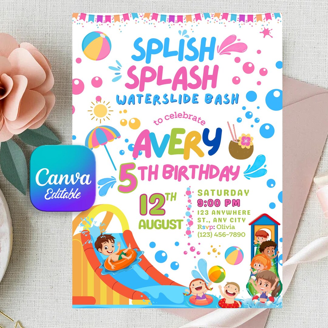 Editable Waterslide Birthday Invitation - Summer Pool Party - Splash ...