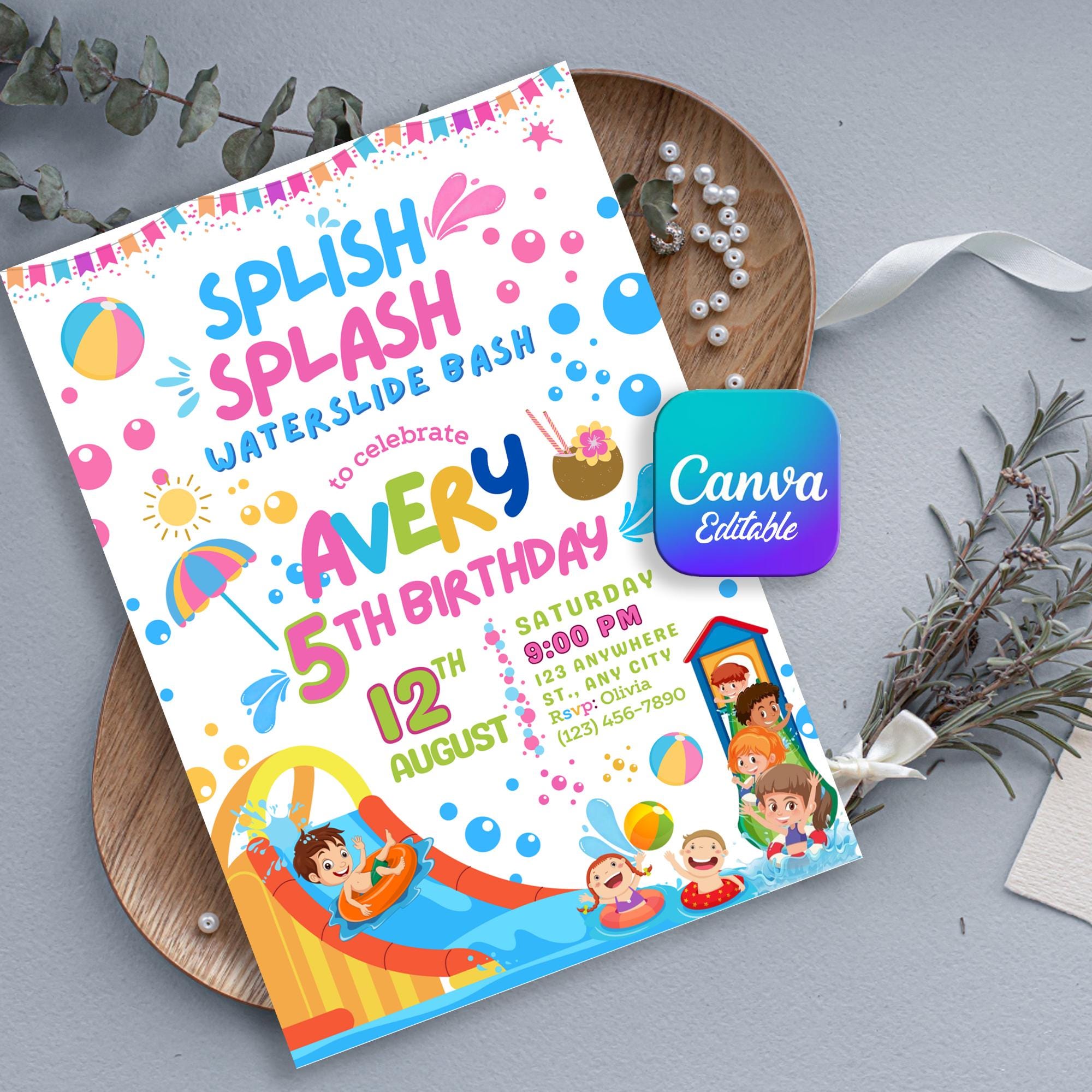 Editable Waterslide Birthday Invitation - Summer Pool Party - Splash ...