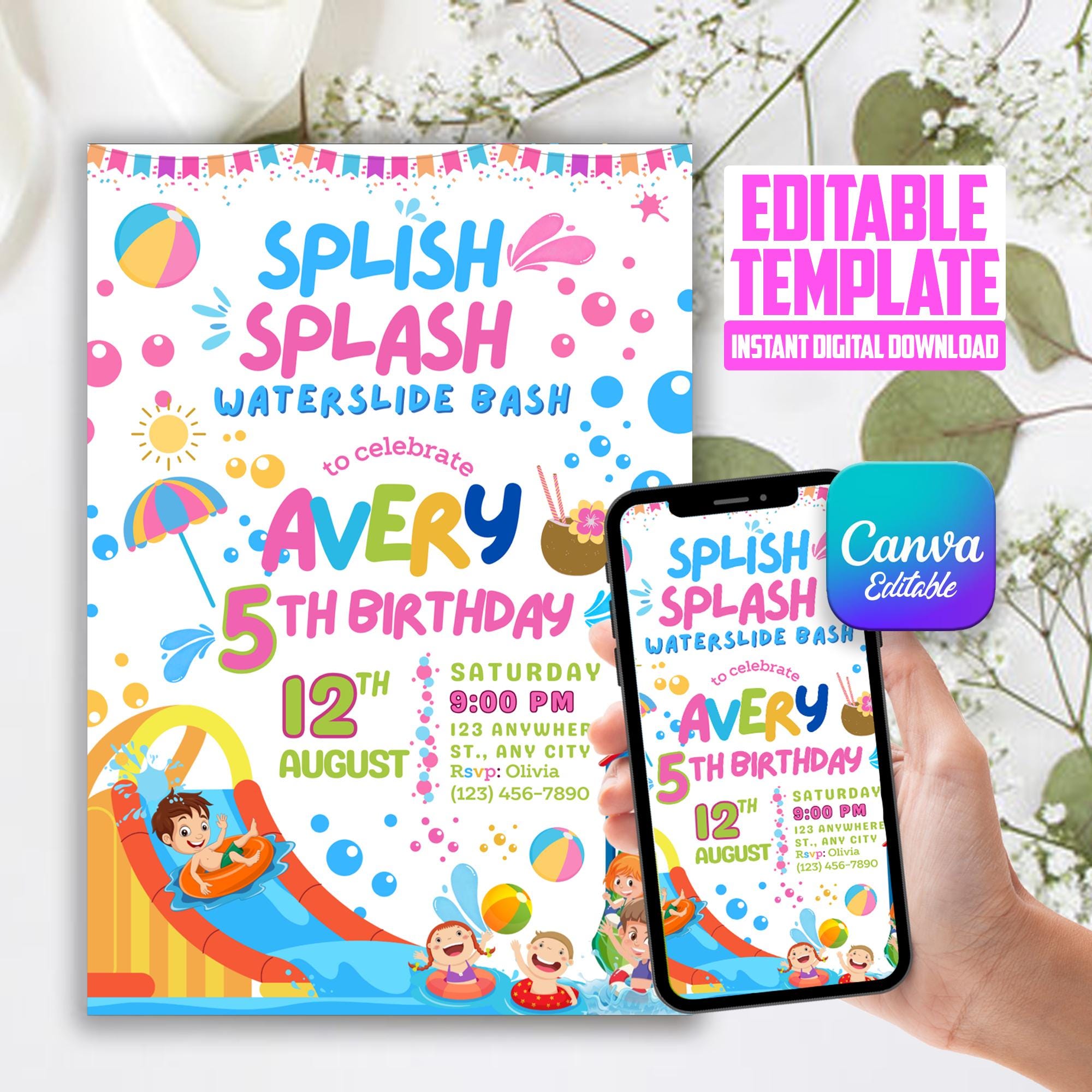 Editable Waterslide Birthday Invitation - Summer Pool Party - Splash ...