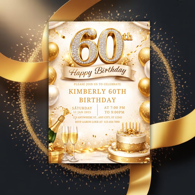Editable 60th Birthday Invitation Template, Elegant Gold Floral ...