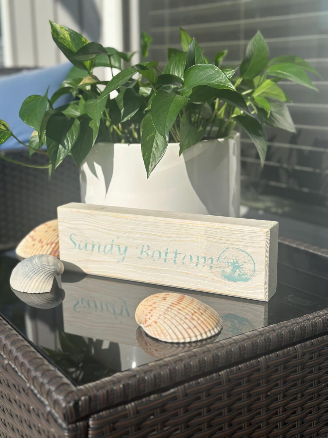 Sandy Bottom Block Sign – Coastal Beach Decor, Aqua Sand Dollar Plaque ...