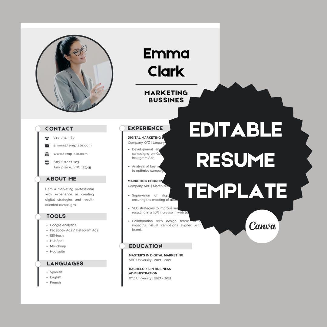 Editable Resume Template With Photo, Minimalist Resume, Gray Cover ...