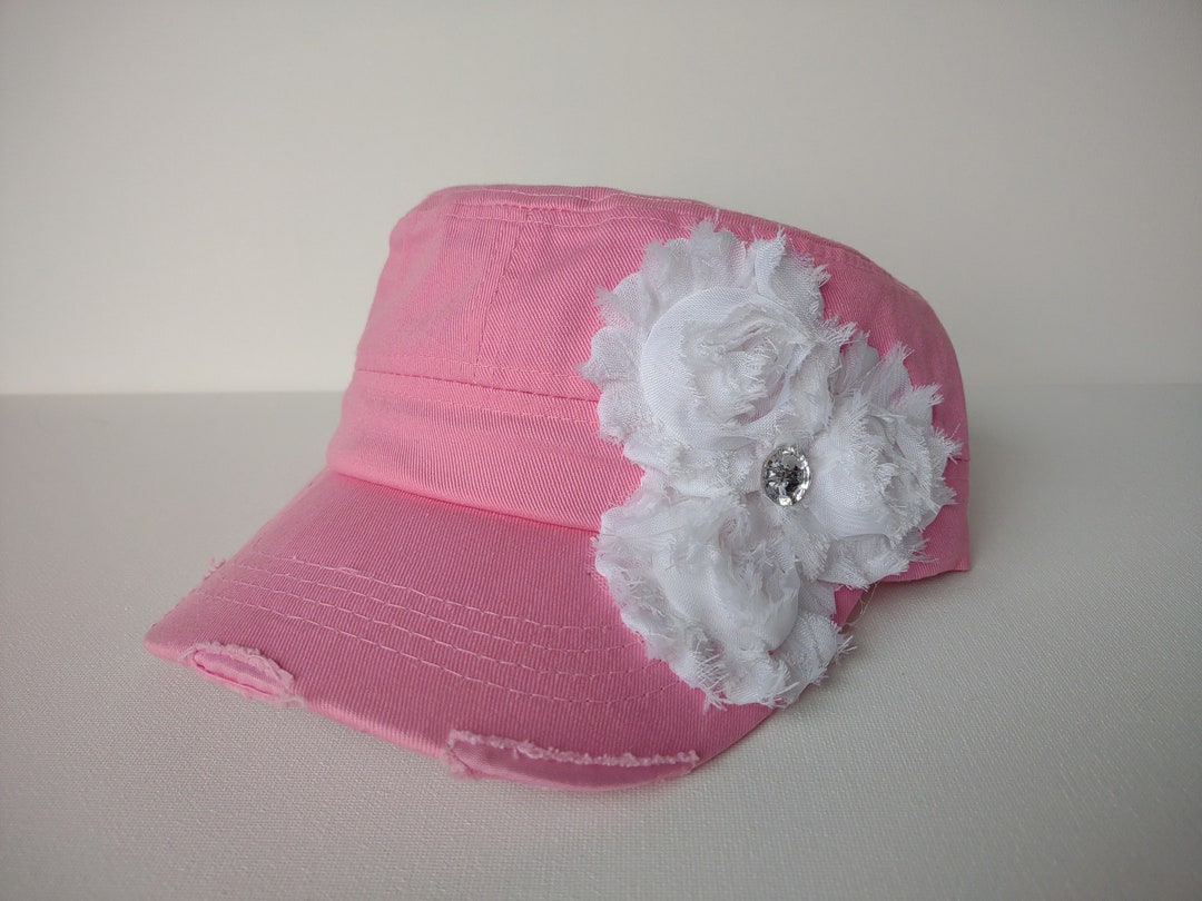 Pink Distressed Army Hat With White Flowers and Bling Accent - Etsy