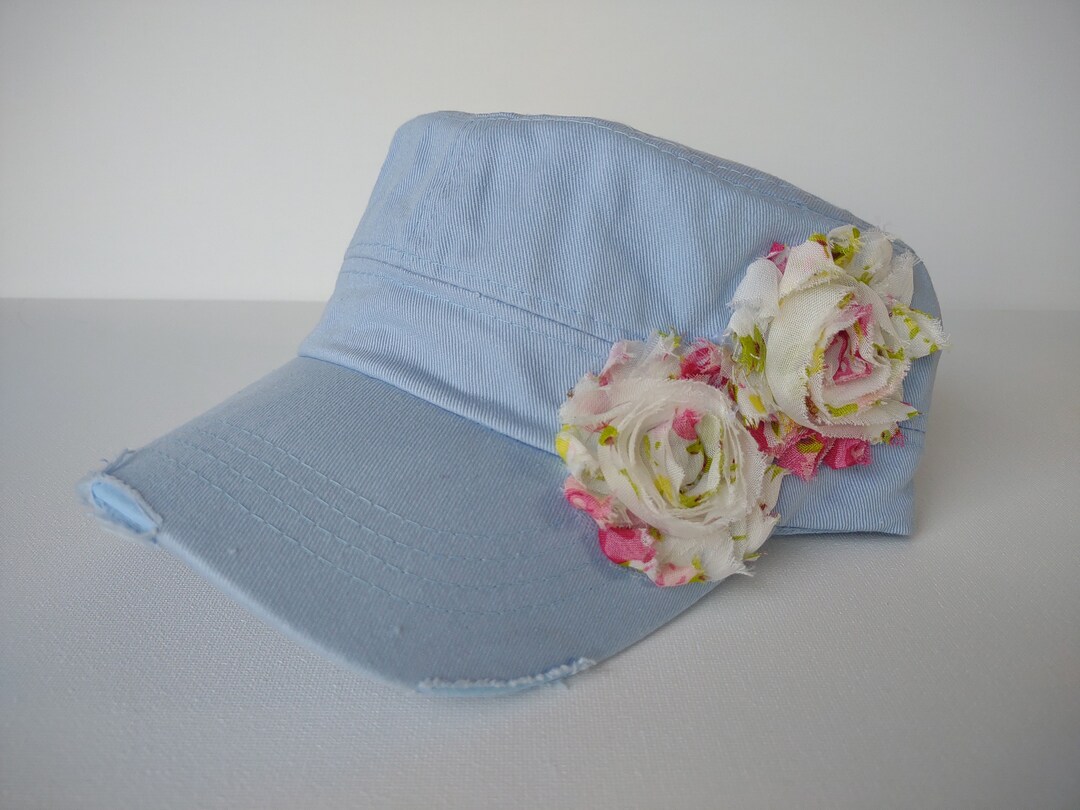 Light Blue Distressed Army Hat With Flower Accents - Etsy