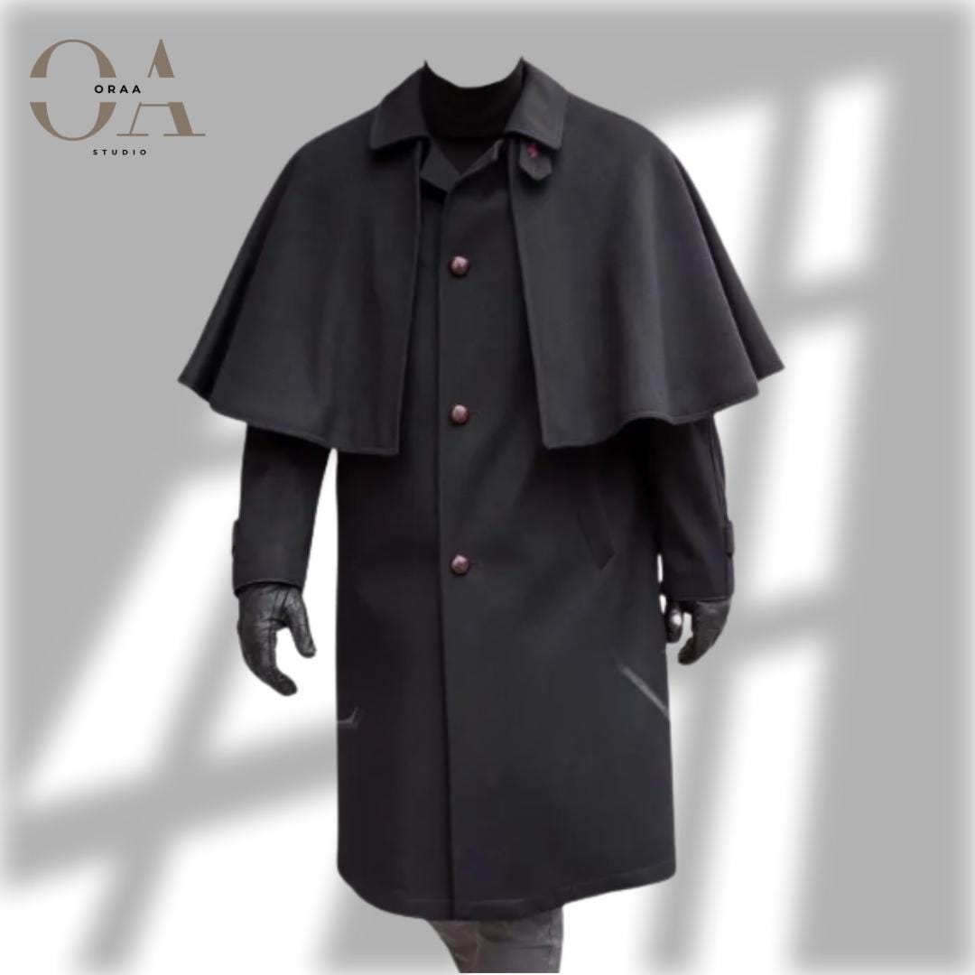 Men's Black Wool Inverness Cape Coat – Victorian Overcoat With ...