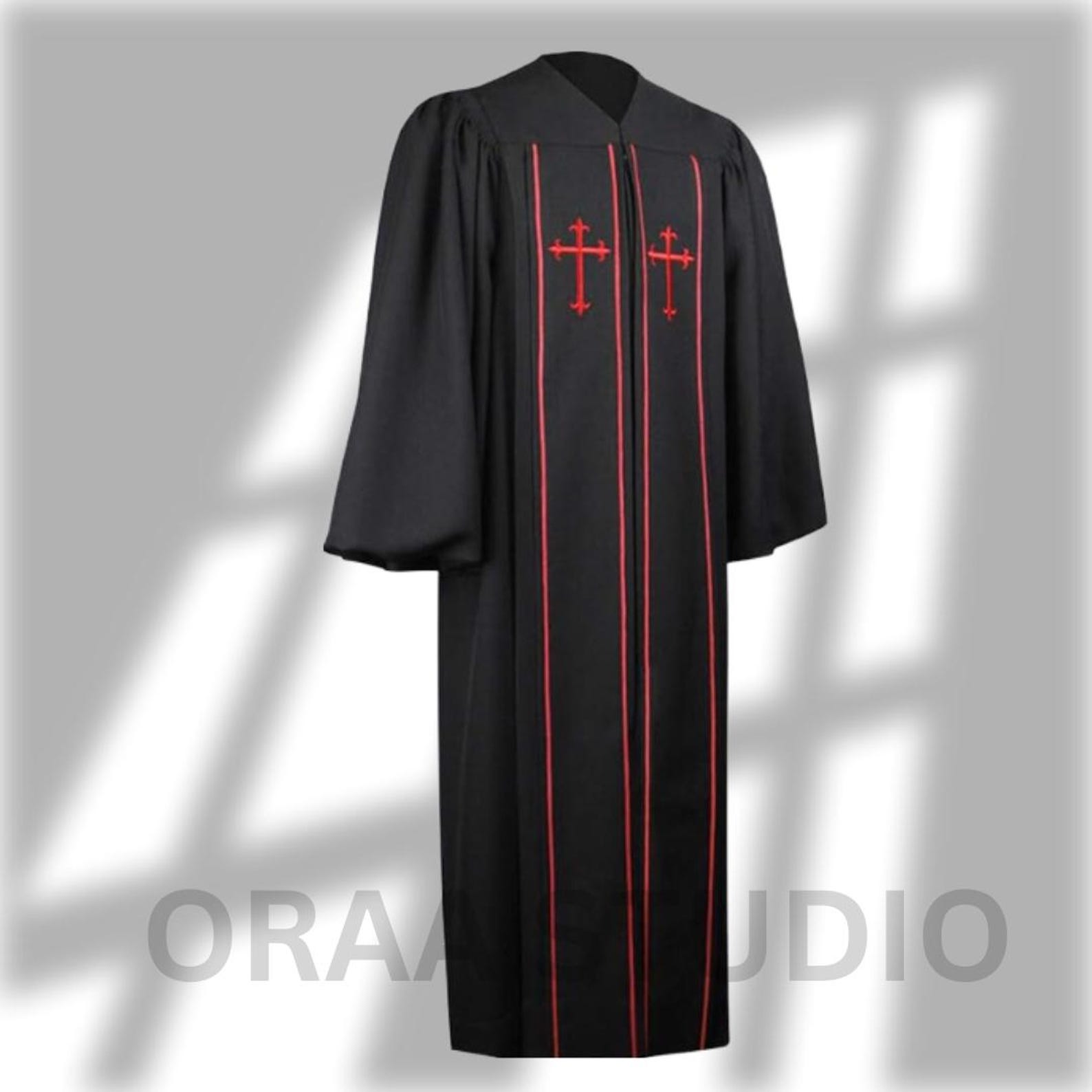 Roman Cassock Handmade Clergy Robe - Men Black Pulpit Robe With Gold ...