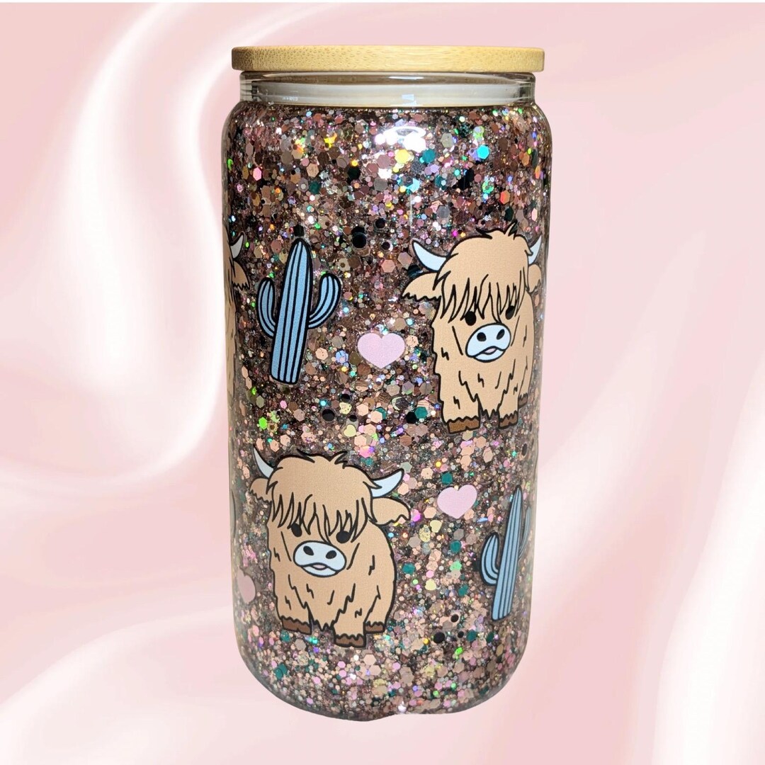 Highland Cow Snow Globe Glass Cup | Western Glitter Tumbler, 16 Oz - Etsy