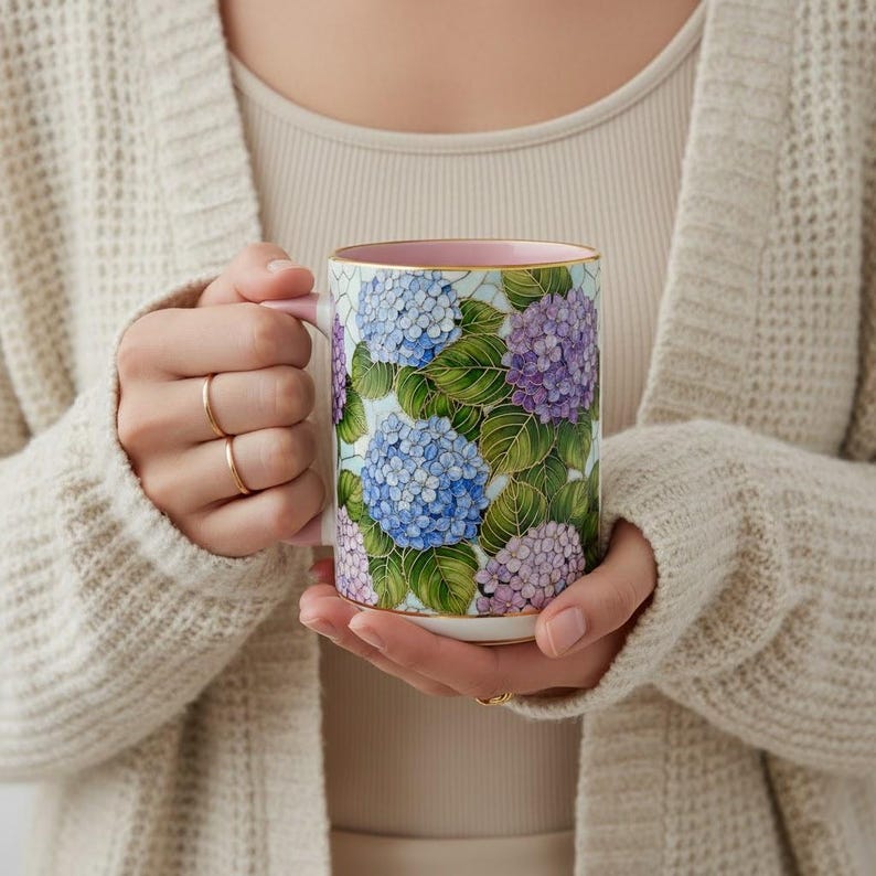 Hydrangea Flower Stained Glass Mug, Blue Purple Hydrangea Coffee Mug ...