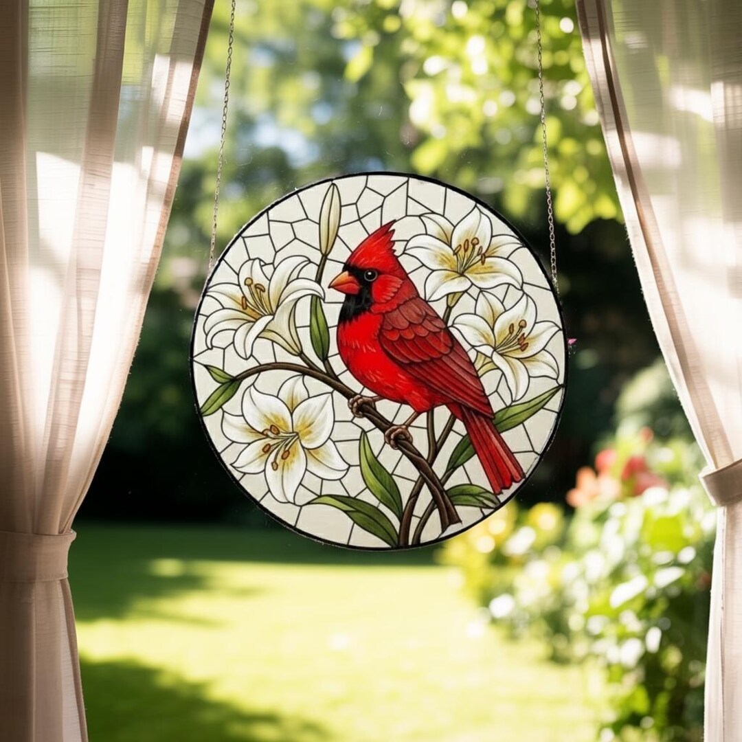 Cardinal Lily Stained Glass Suncatcher, Red Cardinal Bird Window ...