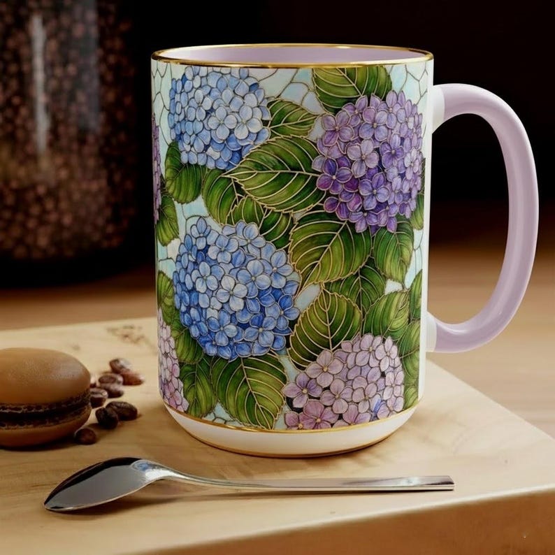 Hydrangea Flower Stained Glass Mug, Blue Purple Hydrangea Coffee Mug ...