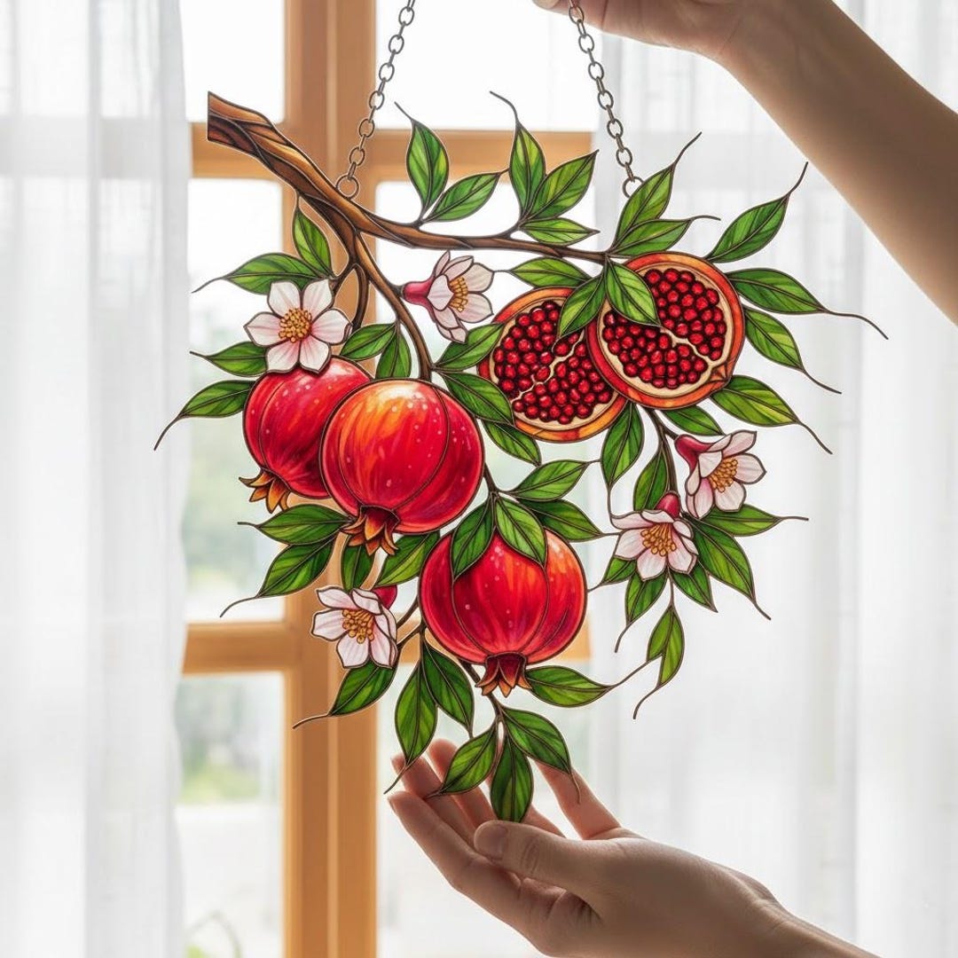 Pomegranate Blossom Acrylic Suncatcher, Red Fruit and White Flower ...