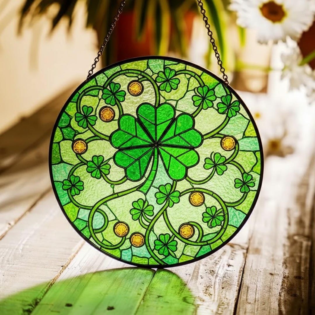 Shamrock Clover Stained Glass Suncatcher, Four Leaf Clover Circle ...