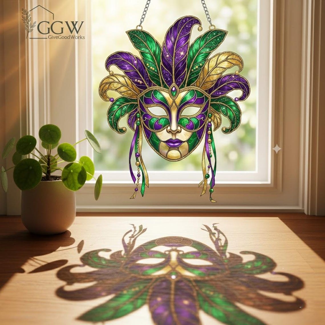 Mardi Gras Mask Acrylic Suncatcher, Venetian Carnival Window Hanging ...