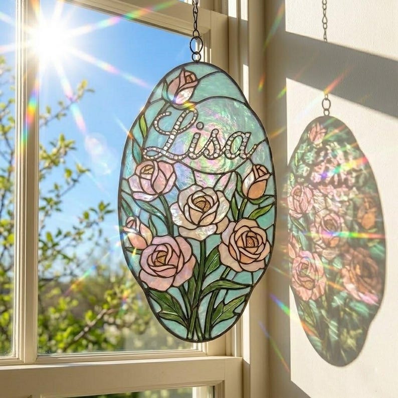 Personalized Rose Acrylic Suncatcher, Custom Name Floral Window Hanging ...