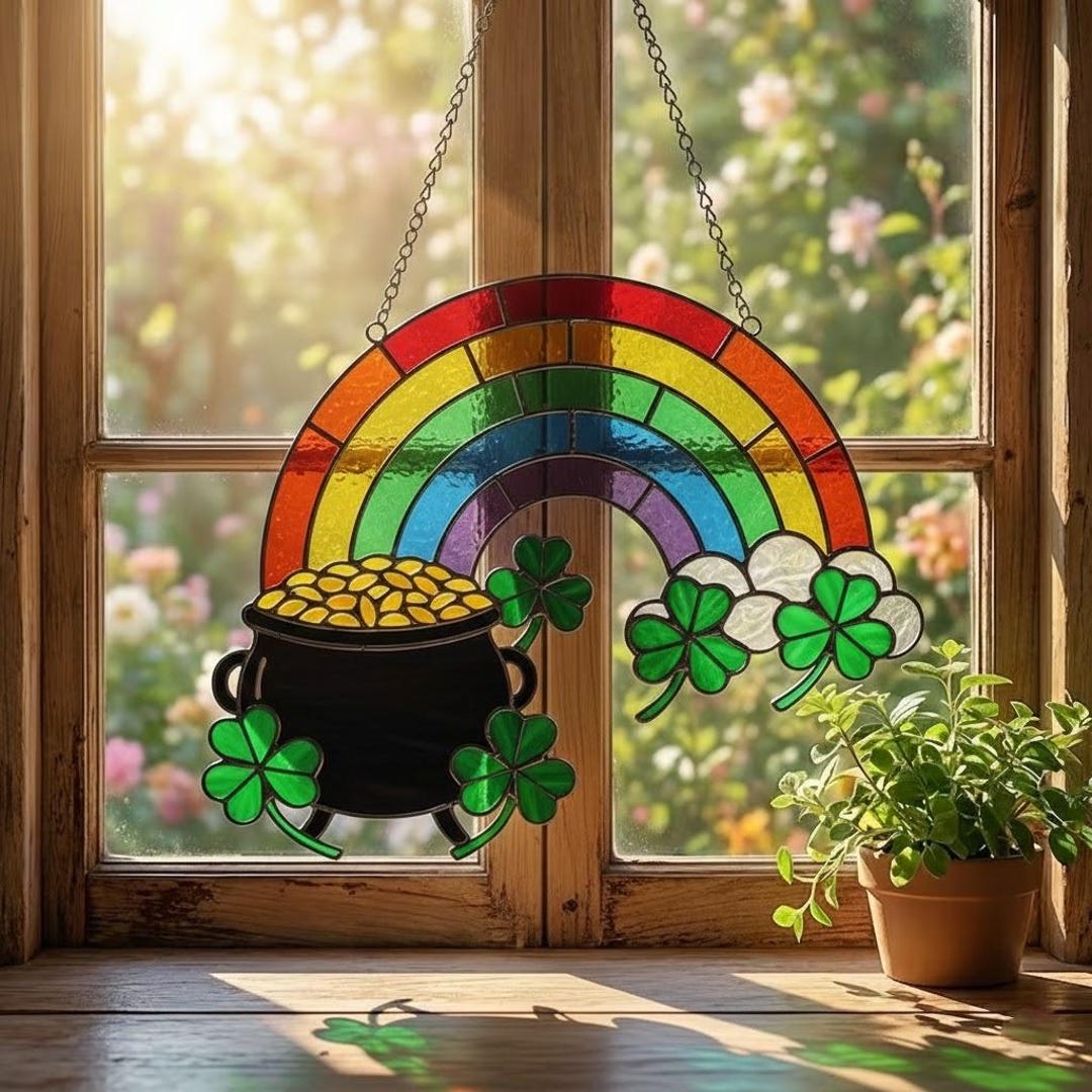 St Patrick’s Day Acrylic Suncatcher, Pot of Gold Rainbow Window Decor ...