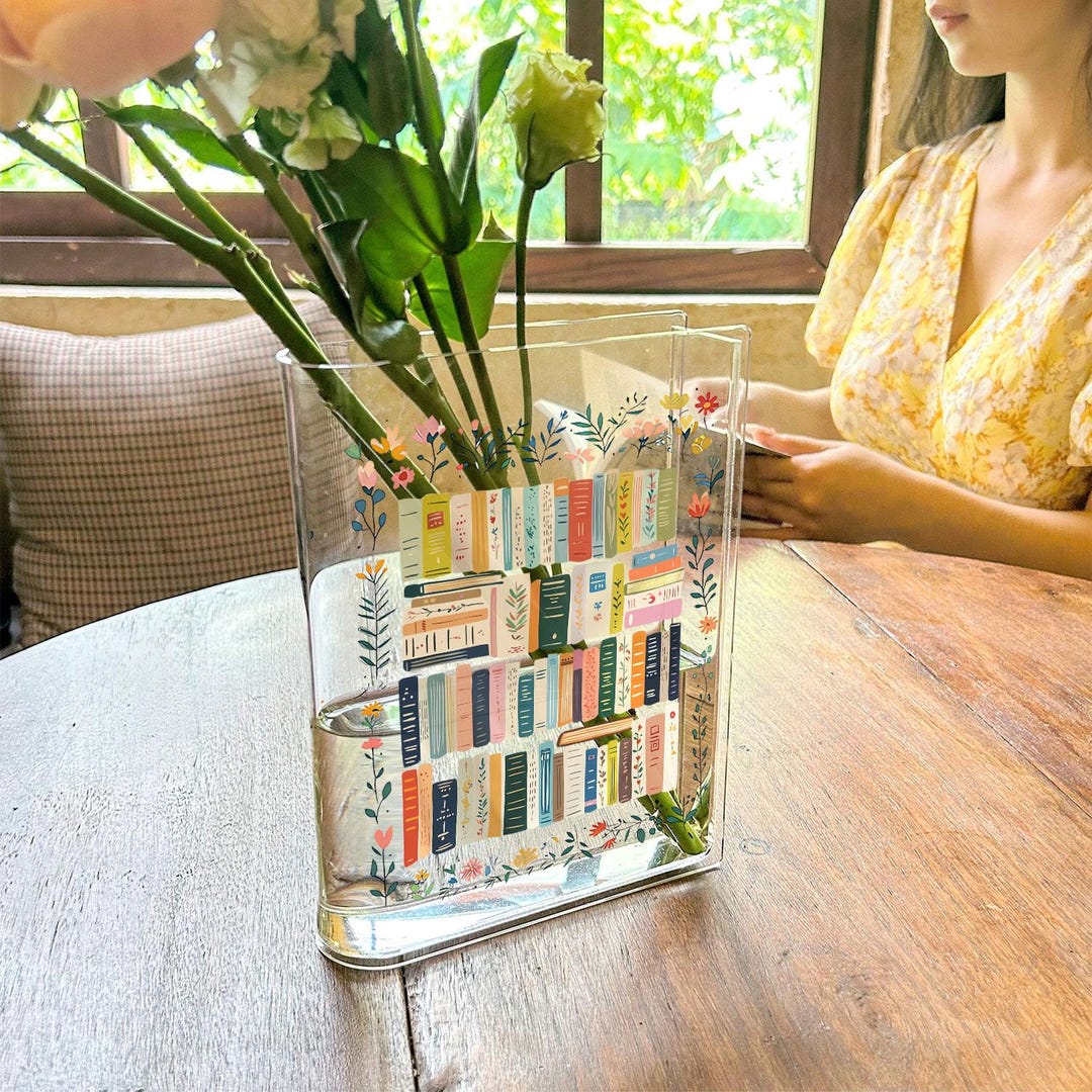 Book Shape Vase, Floral Bookshelf Vase, Cottagecore Book Vase, Acrylic ...