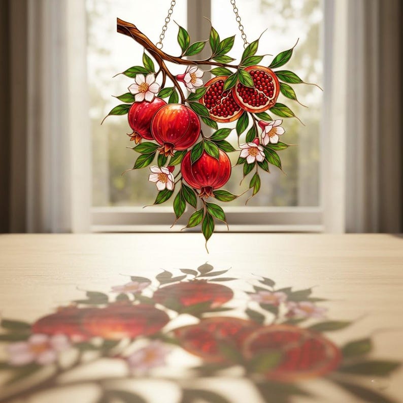 Pomegranate Blossom Acrylic Suncatcher, Red Fruit and White Flower ...