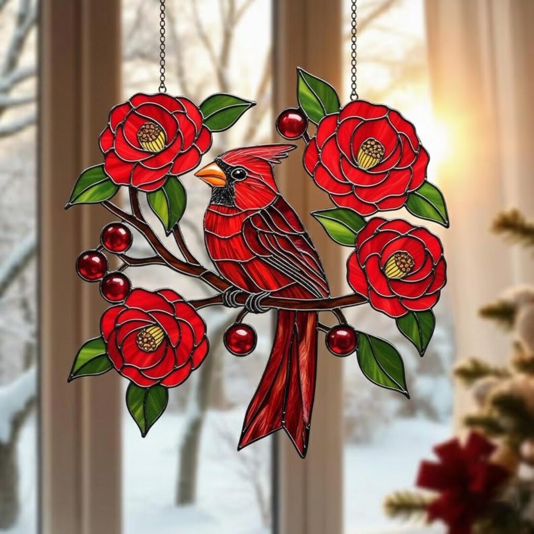 Red Cardinal Acrylic Suncatcher, Winter Floral Cardinal Window Hanging ...