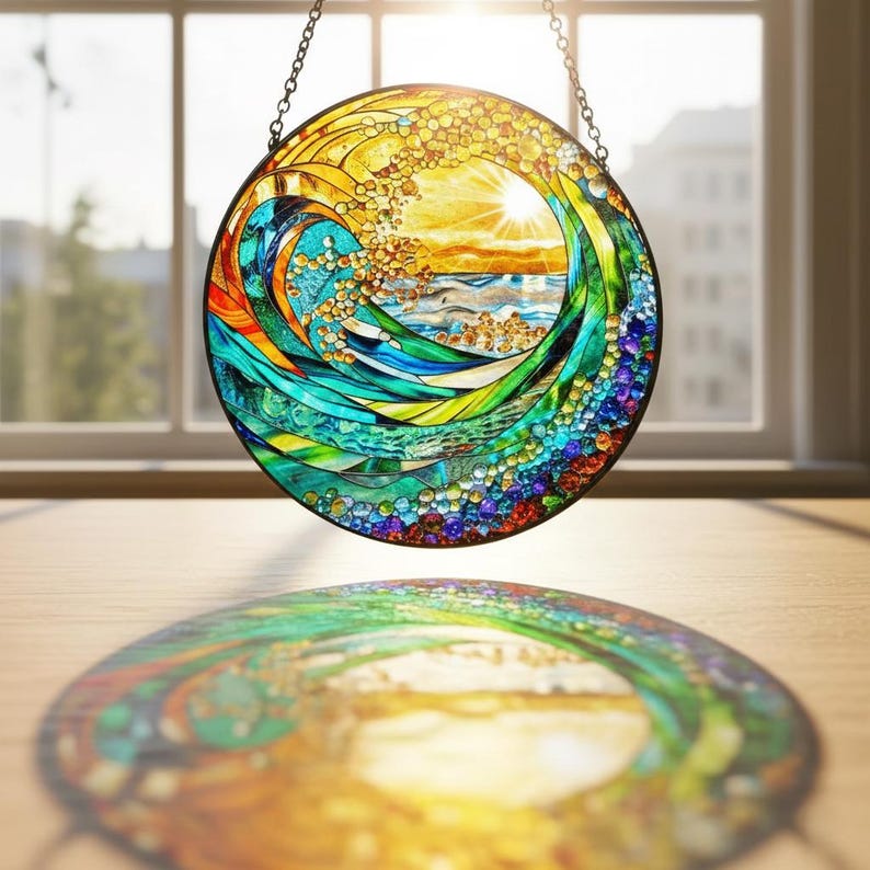 Ocean Wave Stained Glass Suncatcher With Sunrise, Colorful Sea Glass ...