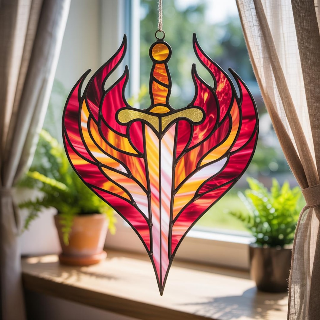 Fireheart Acrylic Suncatcher, Flame Sword Stained Glass Ornament ...