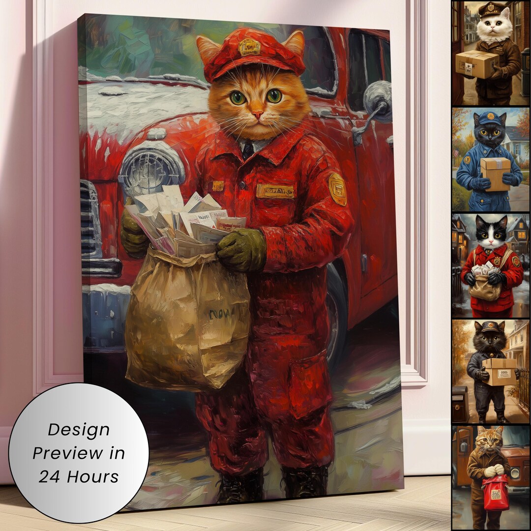 Custom Postman Pet Portrait, Personalized Mail Carrier Cat Oil Painting ...