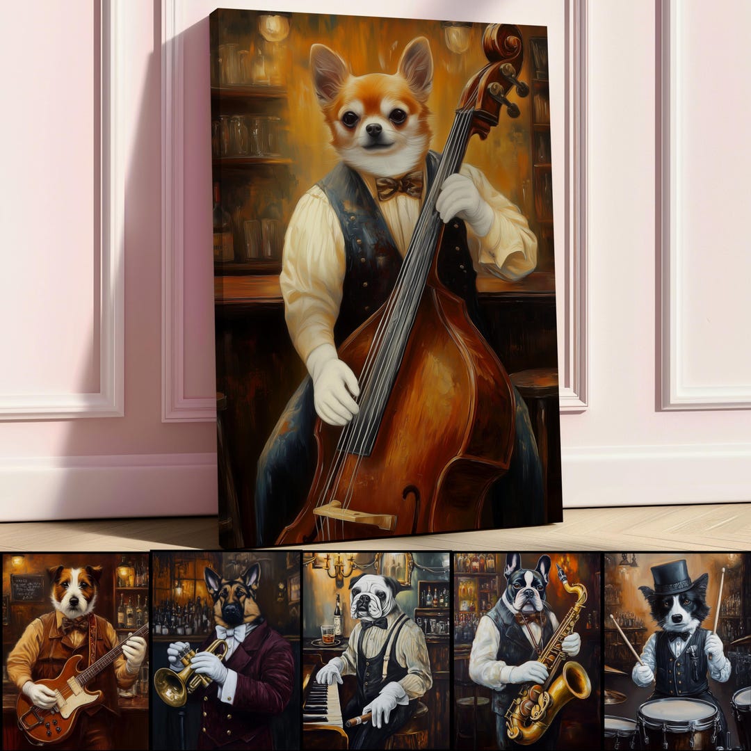 Double Bassist Dog Portrait From Photo, Jazz Dog Painting Pet Lover ...