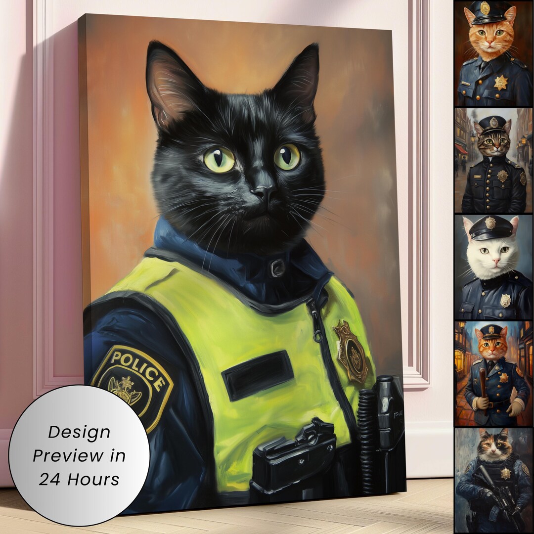 Police Officer Pet Portrait, Canvas / Poster Personalized Cop Cat ...