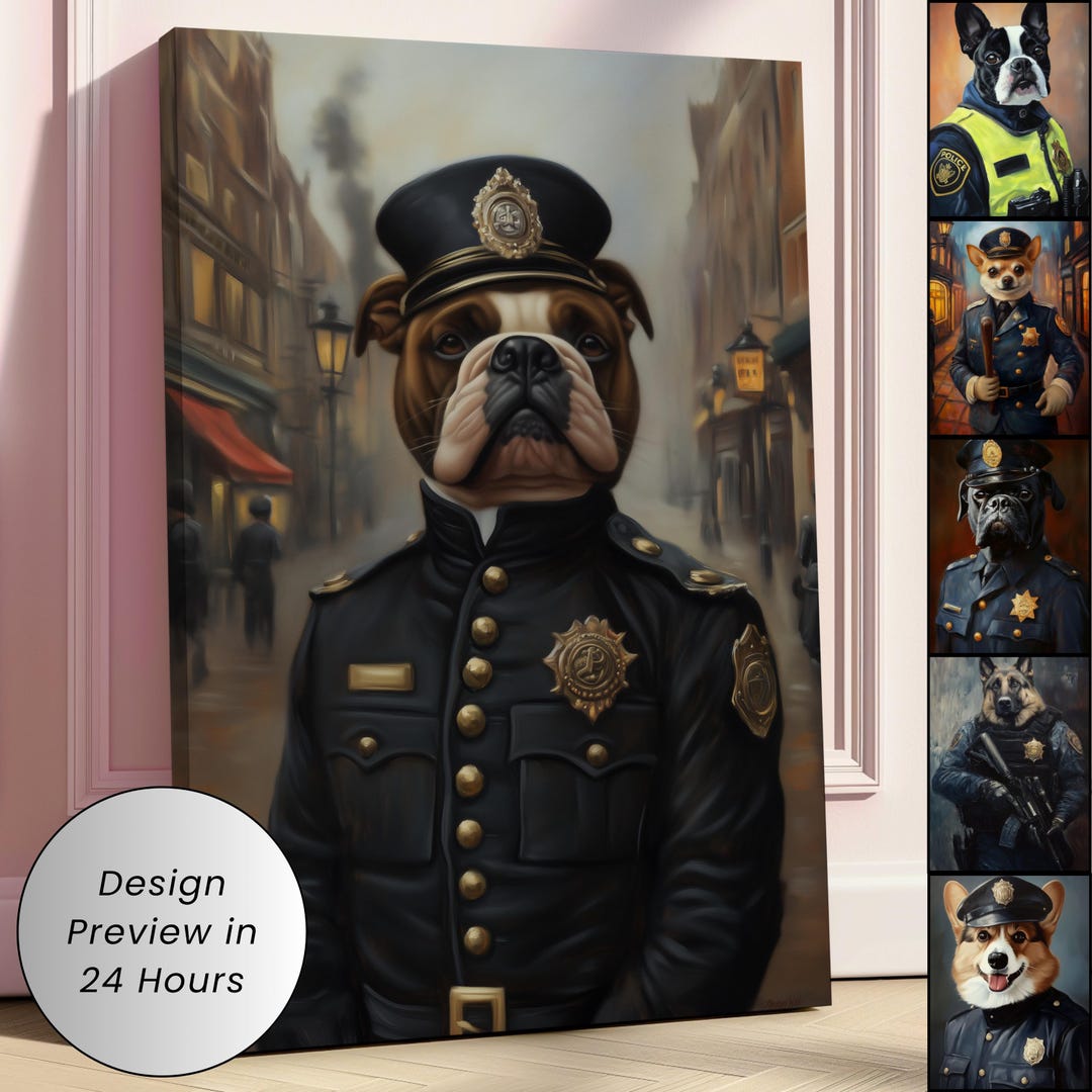 Vintage Cop Pet Portrait, Canvas / Poster Personalized Police Dog ...