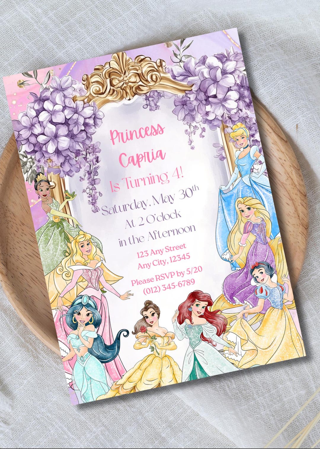Princess Birthday Invitation. Princess Theme. Purple Watercolor Invite ...