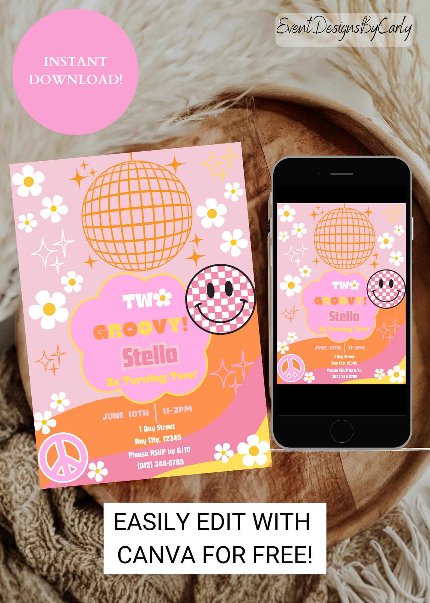 Two Groovy Birthday Party Invitation. Two Year Old Birthday. Digital ...