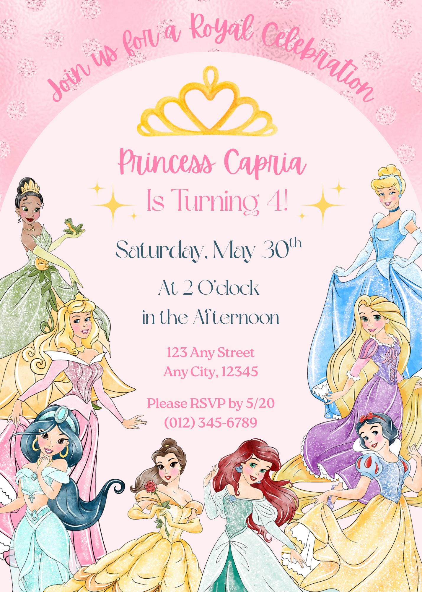 Pink Princess Birthday Invitation. Princess Theme. Watercolor Invite ...