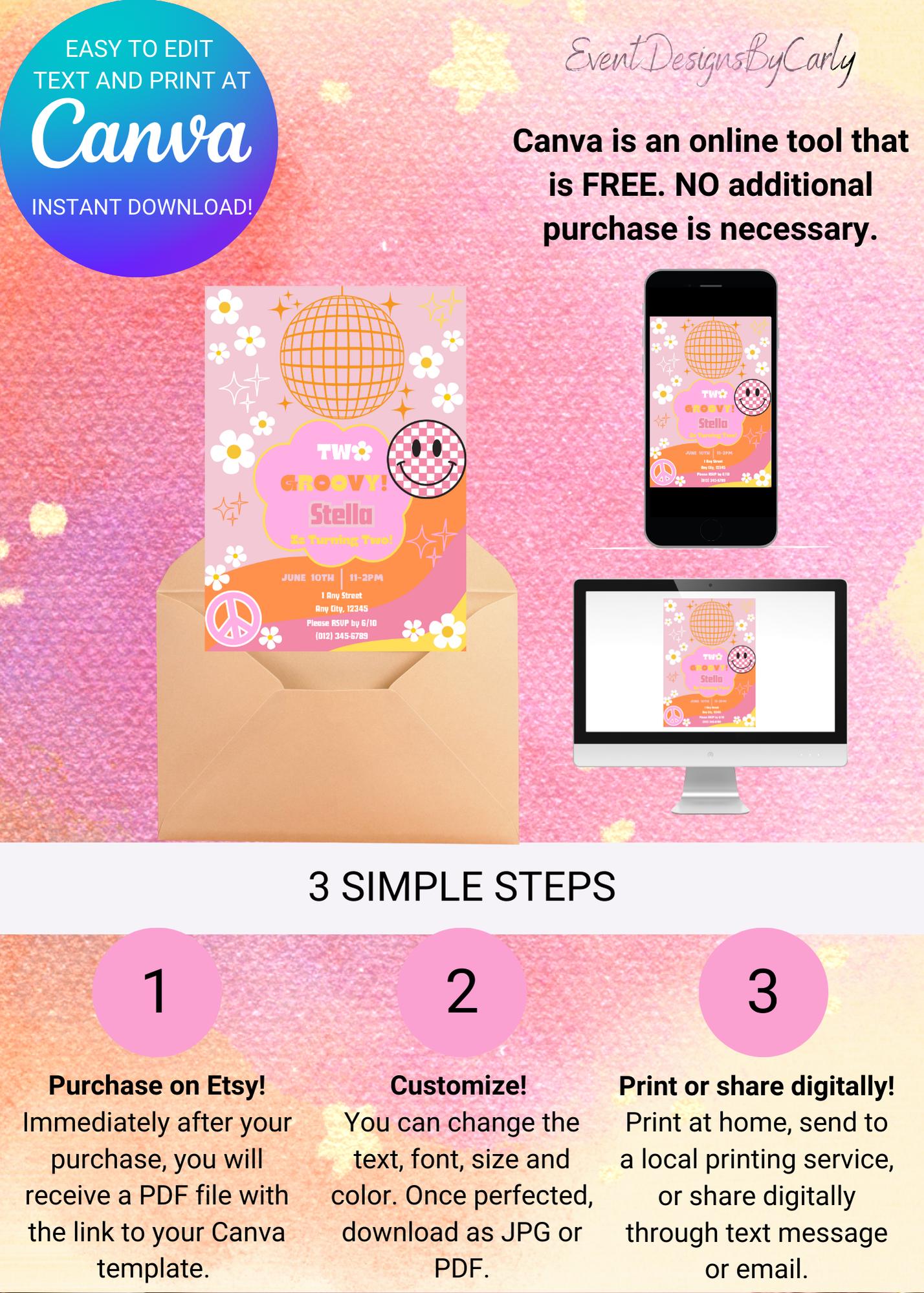 Two Groovy Birthday Party Invitation. Two Year Old Birthday. Digital ...