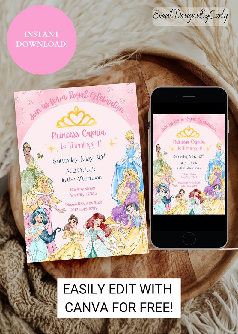 Pink Princess Birthday Invitation. Princess Theme. Watercolor Invite ...