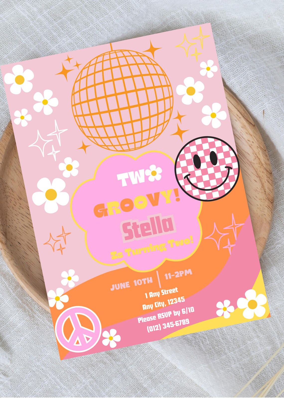 Two Groovy Birthday Party Invitation. Two Year Old Birthday. Digital ...