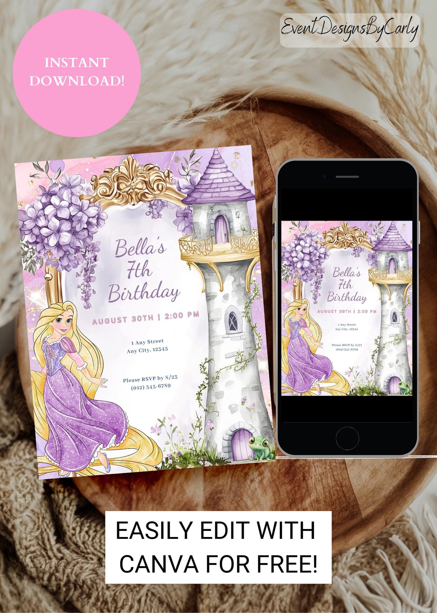 Rapunzel Princess Birthday Invitation. Purple Princess Birthday Theme ...