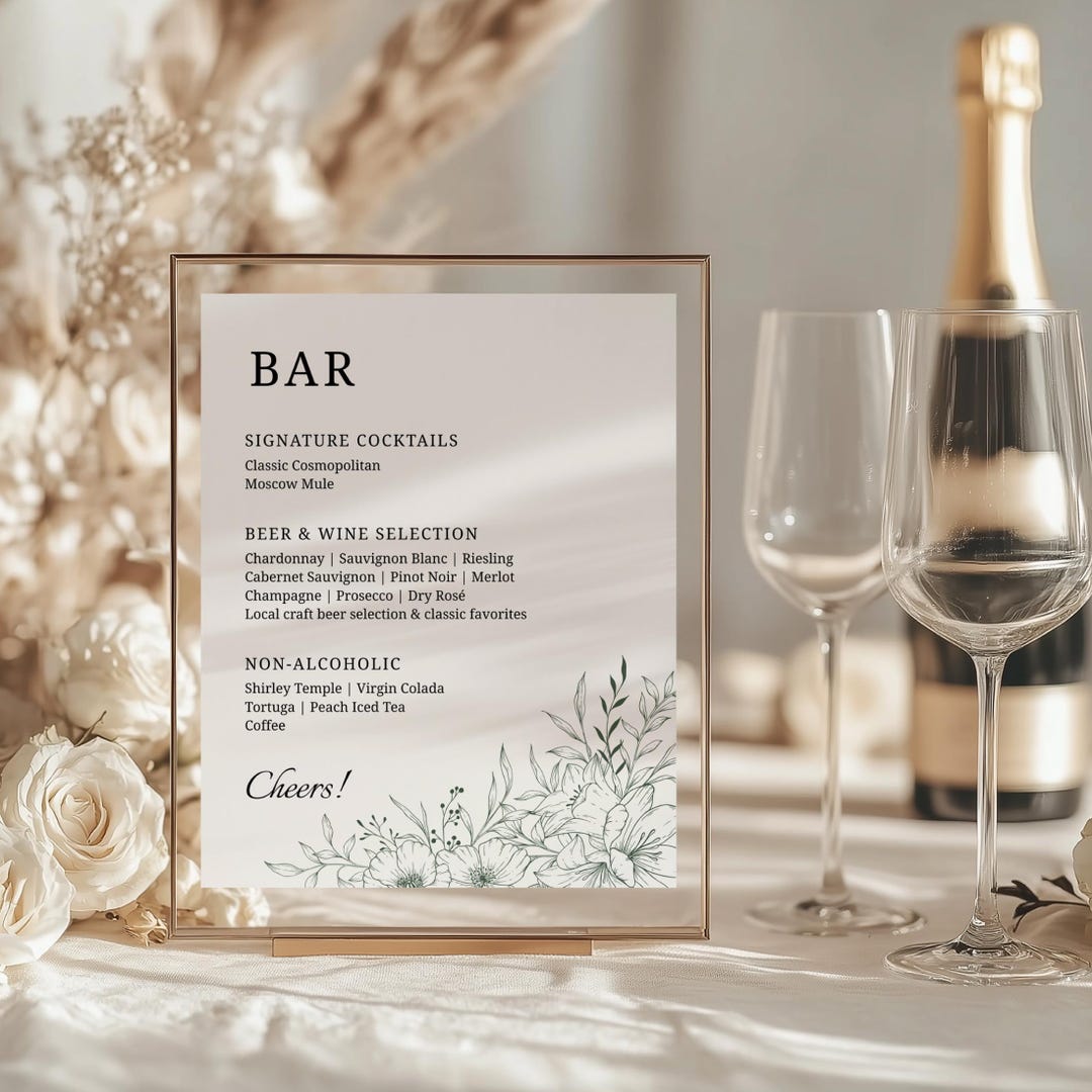 Wedding Drink Menu Template, Fine Line Floral Menu, Editable Cocktail ...
