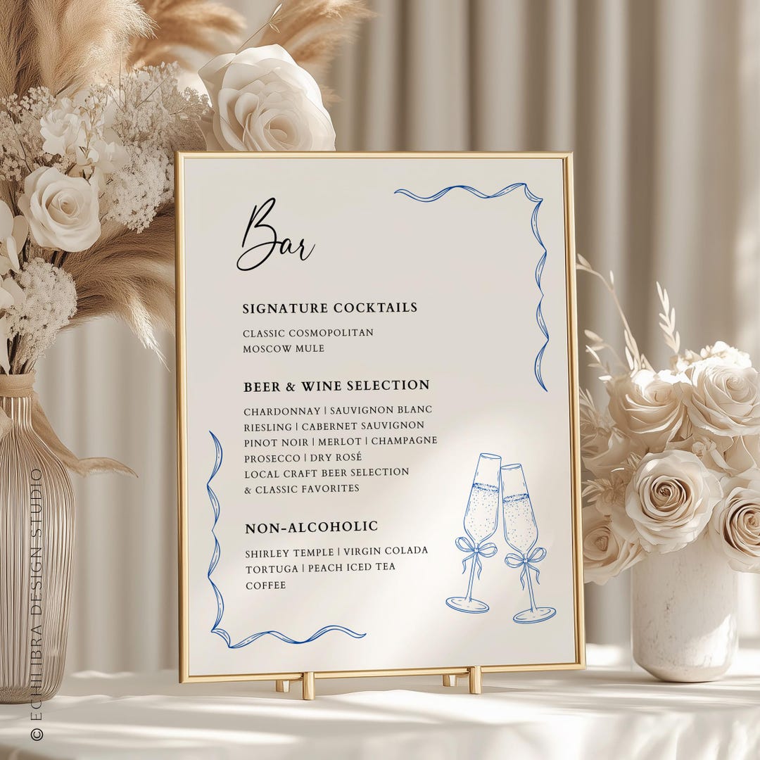 Bow Wedding Drink Menu Template, Whimsical Bar Menu, Editable Cocktail ...