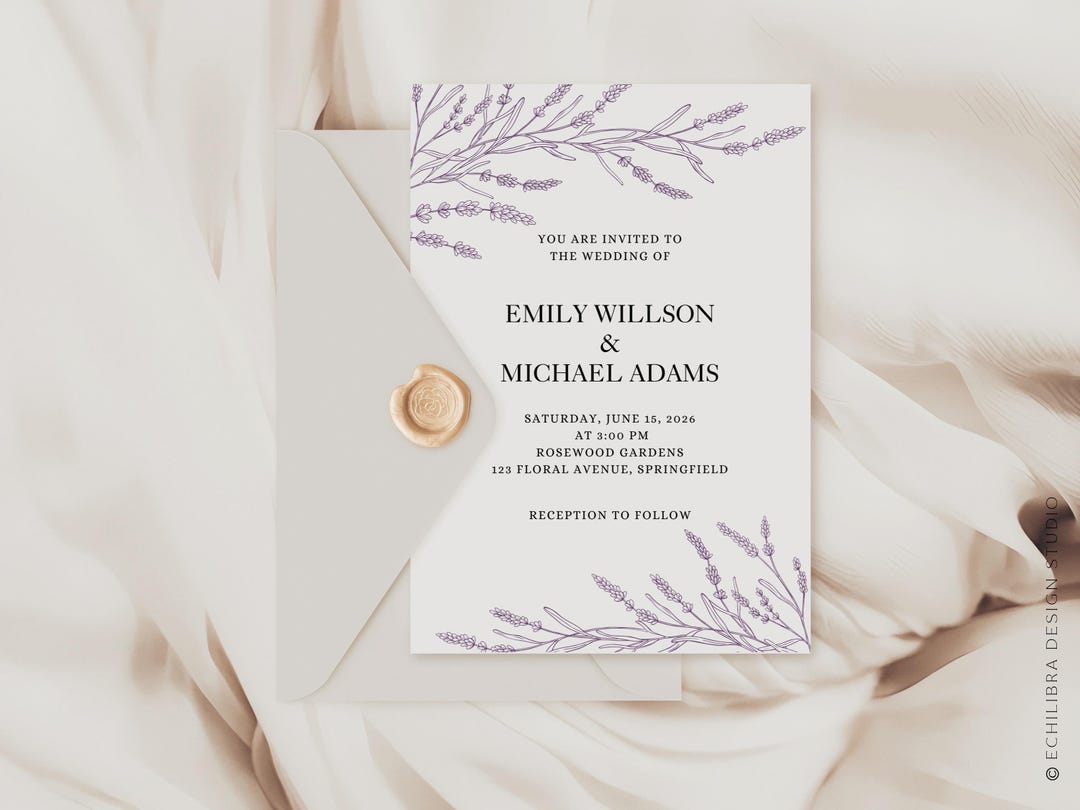 Lavender Wedding Invitation Template, Fine Line Floral Invite, Editable ...