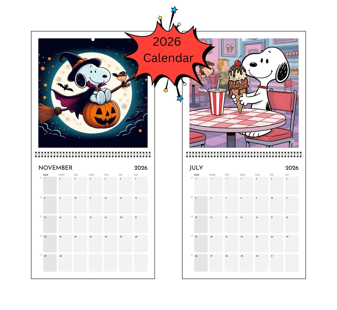 Snoopy 2026 Wall Calendar | Peanuts Cute Monthly Planner | Kids Room ...