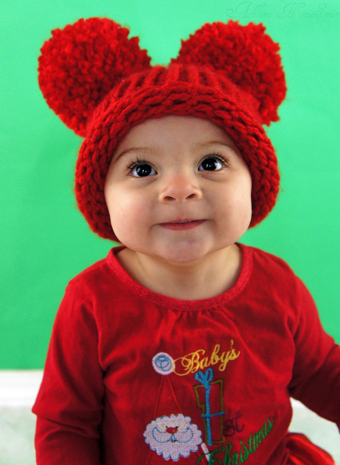 Baby Ear Hat - Red Pom Pom Hat - Red All Over - Knit Hat - 6 to 12 ...