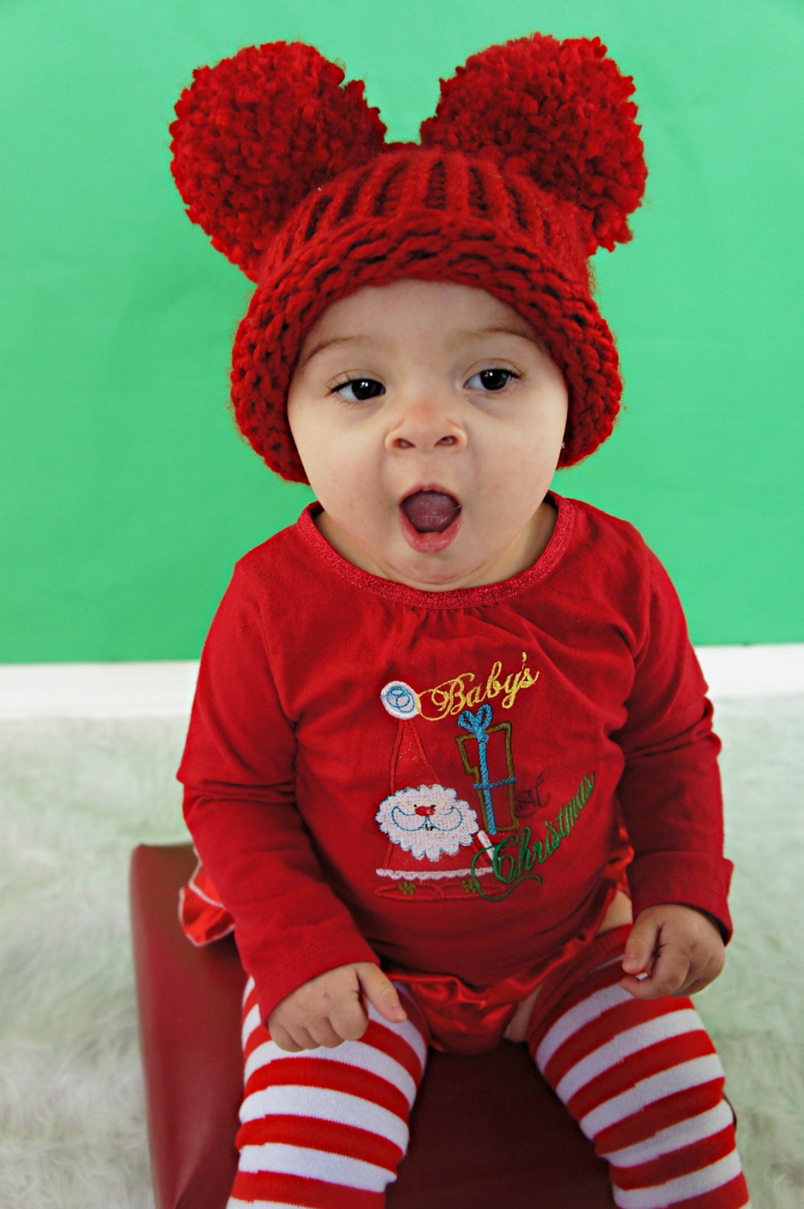 Baby Ear Hat Red Pom Pom Hat Red All Over Knit Hat 6 - Etsy