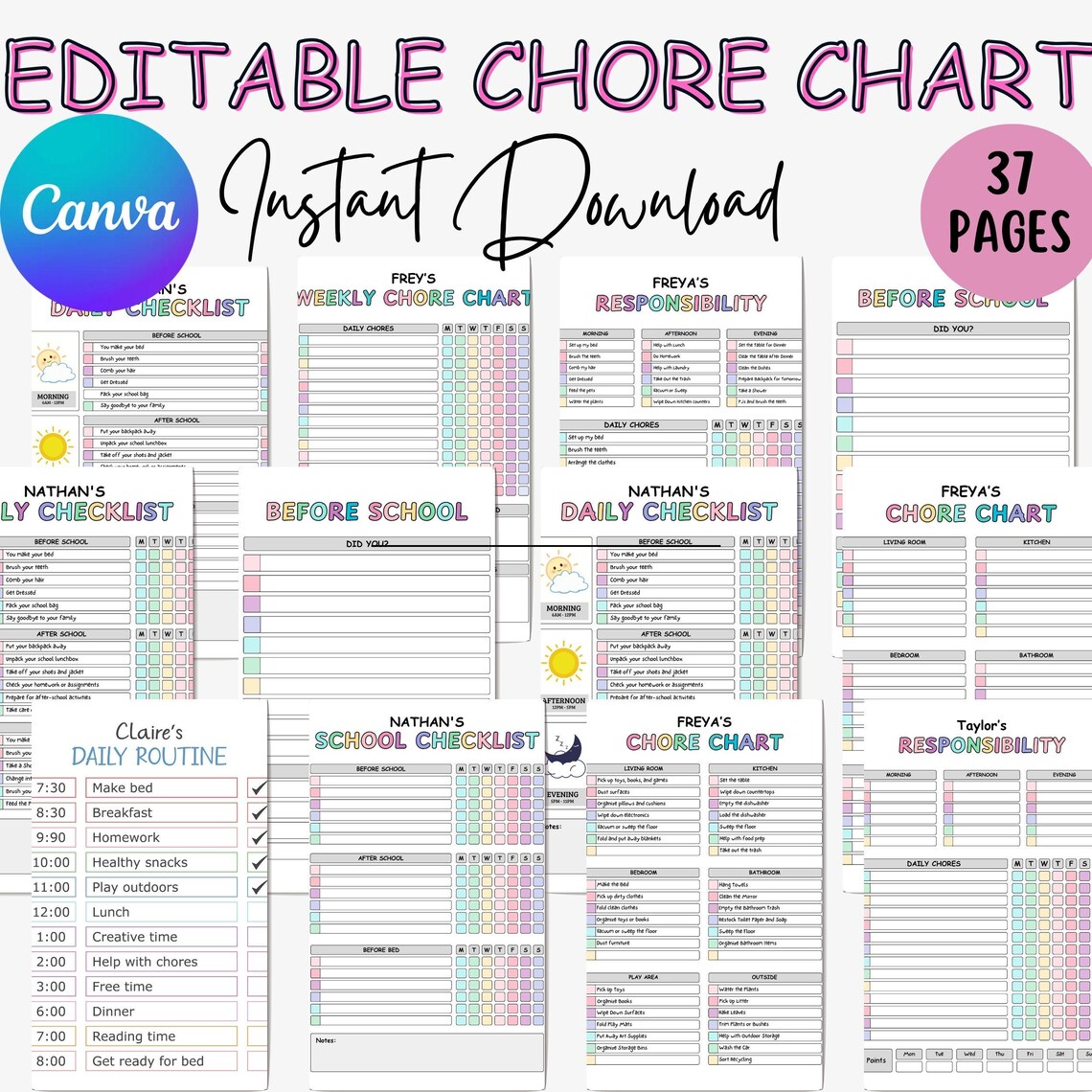 Ultimate Kids Chore Chart Bundle (37 Pages) | Editable Canva Family ...