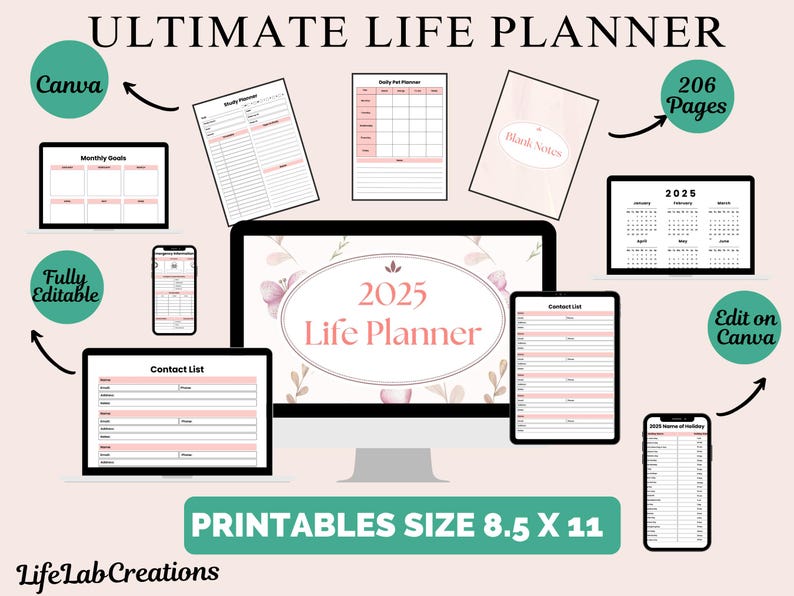 2025 Life Planner: Editable Canva Template, Printable PDF - Etsy