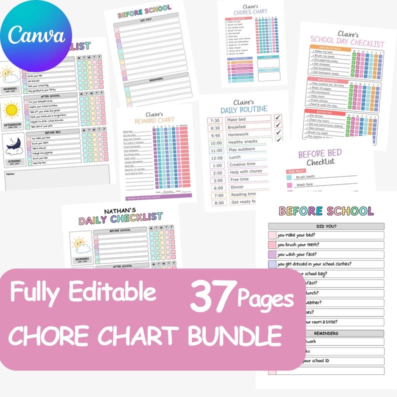 Ultimate Kids Chore Chart Bundle (37 Pages) | Editable Canva Family ...